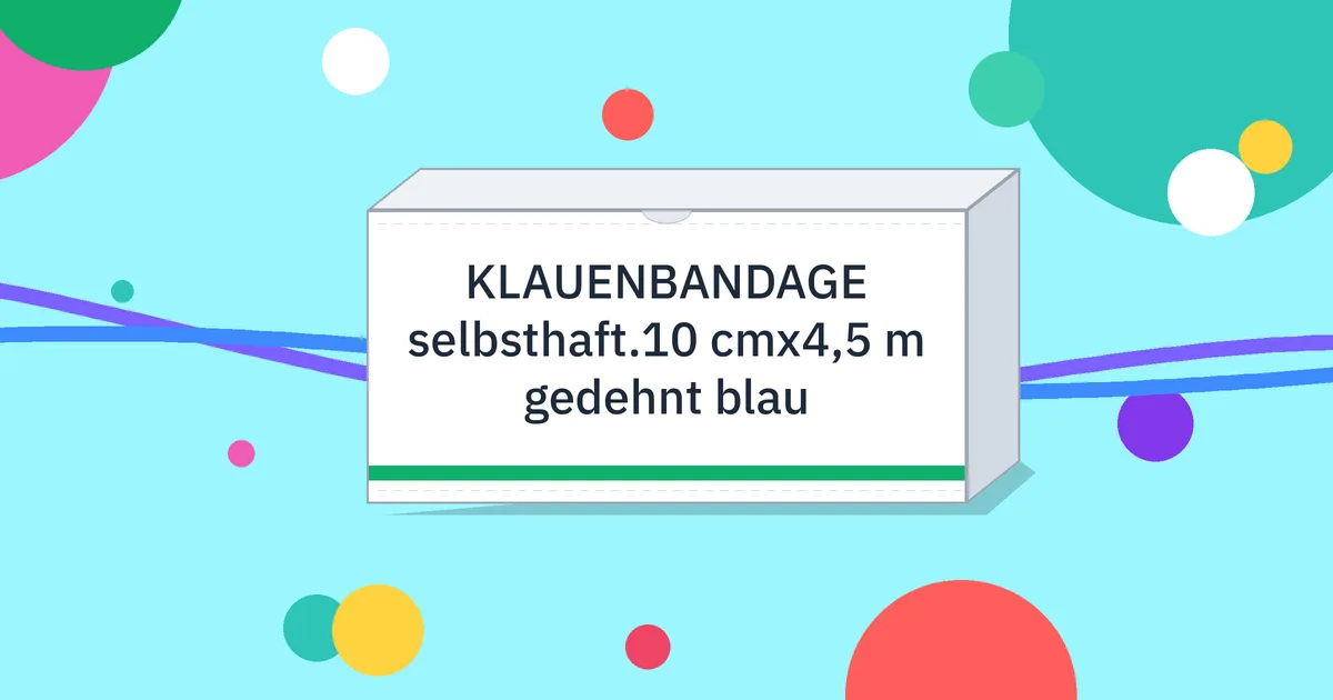 Symbolbild: Packung mit der Aufschrift KLAUENBANDAGE selbsthaft.10 cmx4,5 m gedehnt blau (PZN 15658260) – Verfügbarkeit und Bezug in Apotheken in Frankfurt am Main