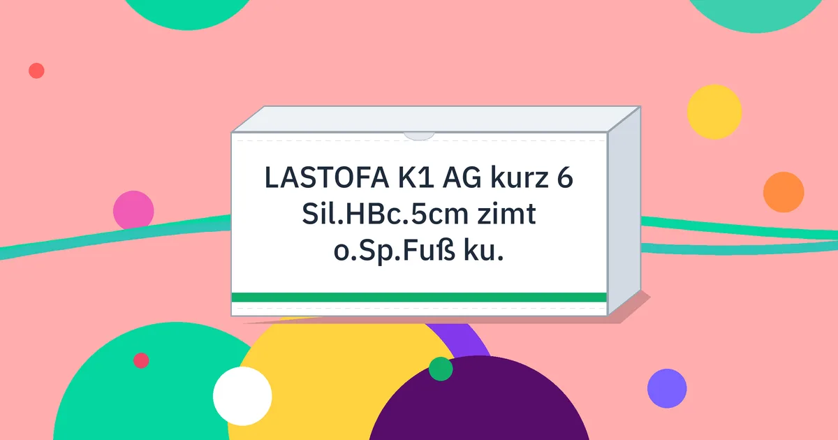 Symbolbild: Packung mit der Aufschrift LASTOFA K1 AG kurz 6 Sil.HBc.5cm zimt o.Sp.Fuß ku. (PZN 13794272) – Verfügbarkeit und Bezug in Apotheken in Frankfurt am Main