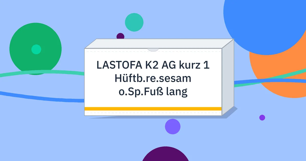 Symbolbild: Packung mit der Aufschrift LASTOFA K2 AG kurz 1 Hüftb.re.sesam o.Sp.Fuß lang (PZN 14152127) – Verfügbarkeit und Bezug in Apotheken in Frankfurt am Main