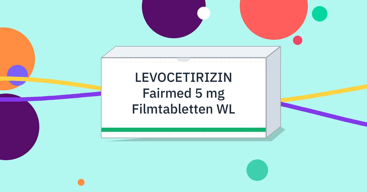Symbolbild: Packung mit der Aufschrift LEVOCETIRIZIN Fairmed 5 mg Filmtabletten WL (PZN 16169965) – Verfügbarkeit und Bezug in Apotheken in Frankfurt am Main