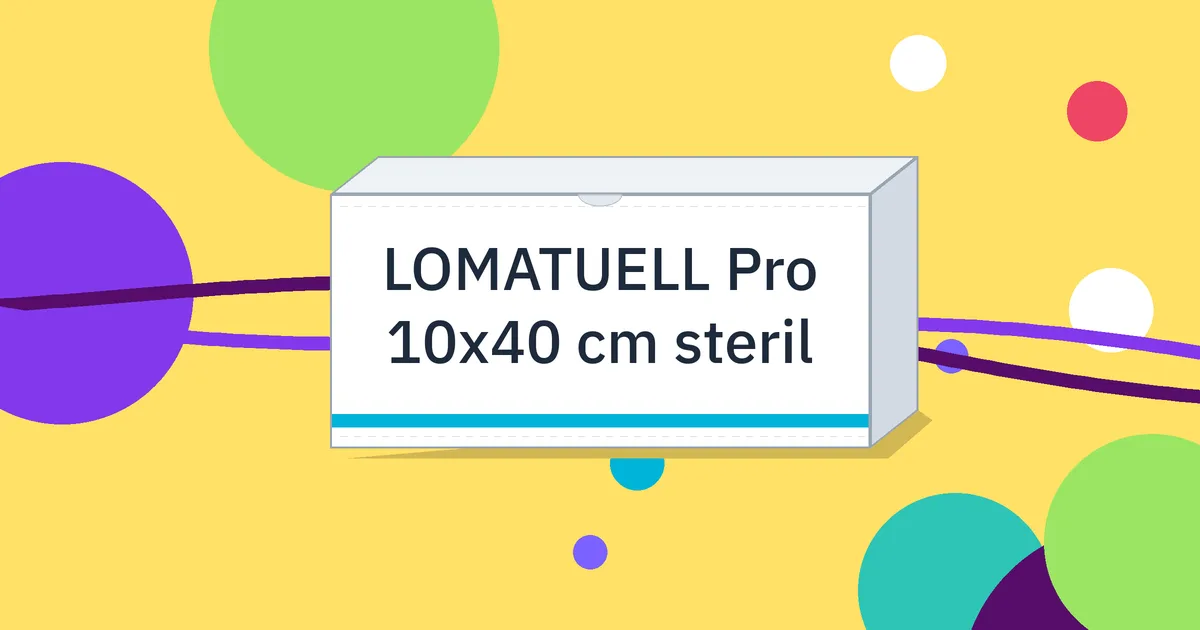 Symbolbild: Packung mit der Aufschrift LOMATUELL Pro 10x40 cm steril (PZN 20595892) – Verfügbarkeit und Bezug in Apotheken in Frankfurt am Main