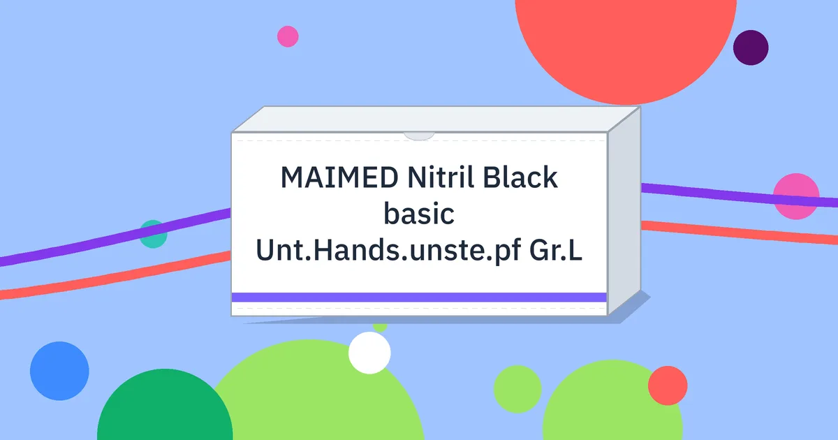 Symbolbild: Packung mit der Aufschrift MAIMED Nitril Black basic Unt.Hands.unste.pf Gr.L (PZN 19774974) – Verfügbarkeit und Bezug in Apotheken in Frankfurt am Main