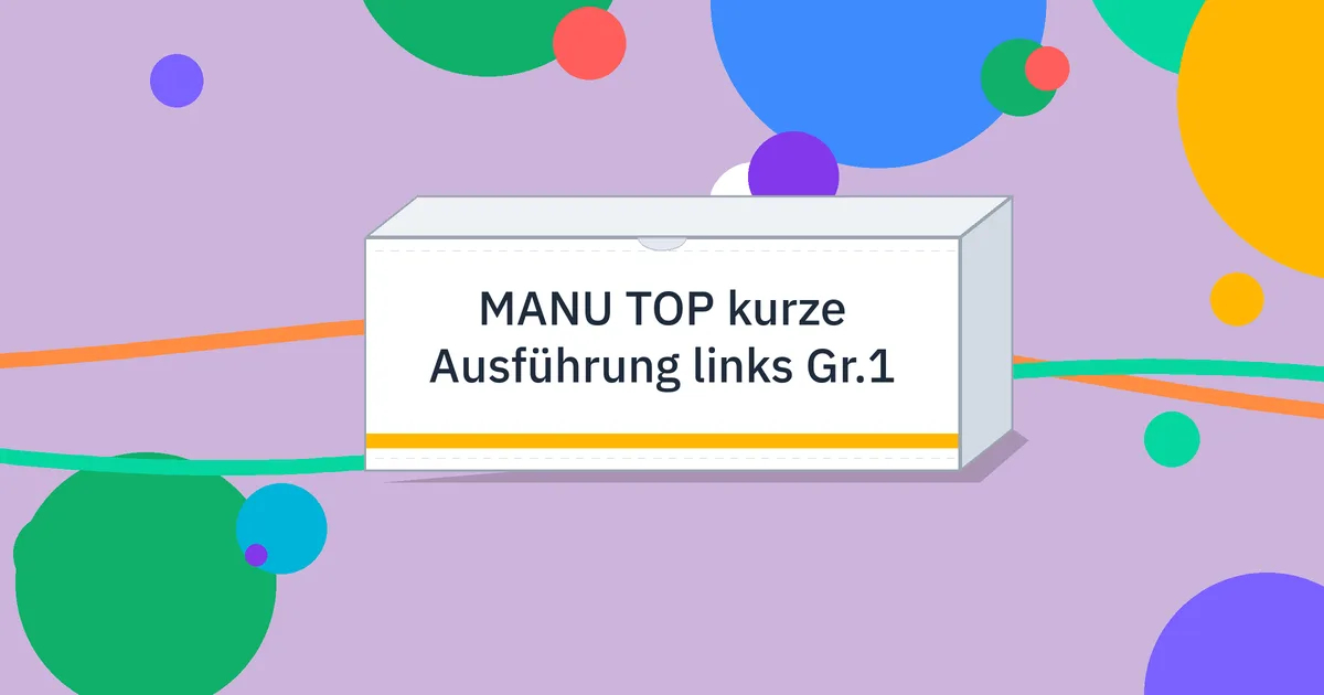 Symbolbild: Packung mit der Aufschrift MANU TOP kurze Ausführung links Gr.1 (PZN 01356118) – Verfügbarkeit und Bezug in Apotheken in Frankfurt am Main