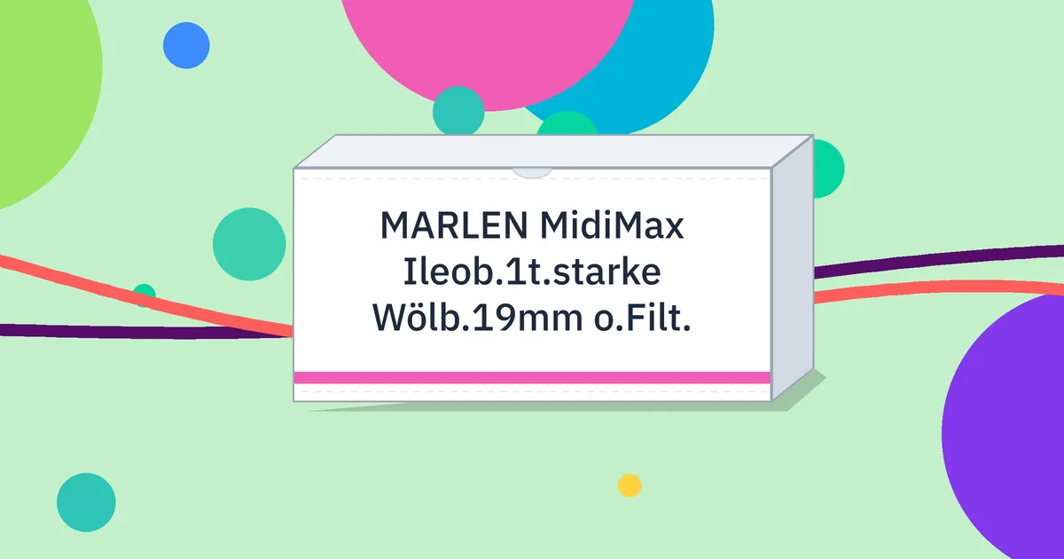 Symbolbild: Packung mit der Aufschrift MARLEN MidiMax Ileob.1t.starke Wölb.19mm o.Filt. (PZN 16658598) – Verfügbarkeit und Bezug in Apotheken in Frankfurt am Main