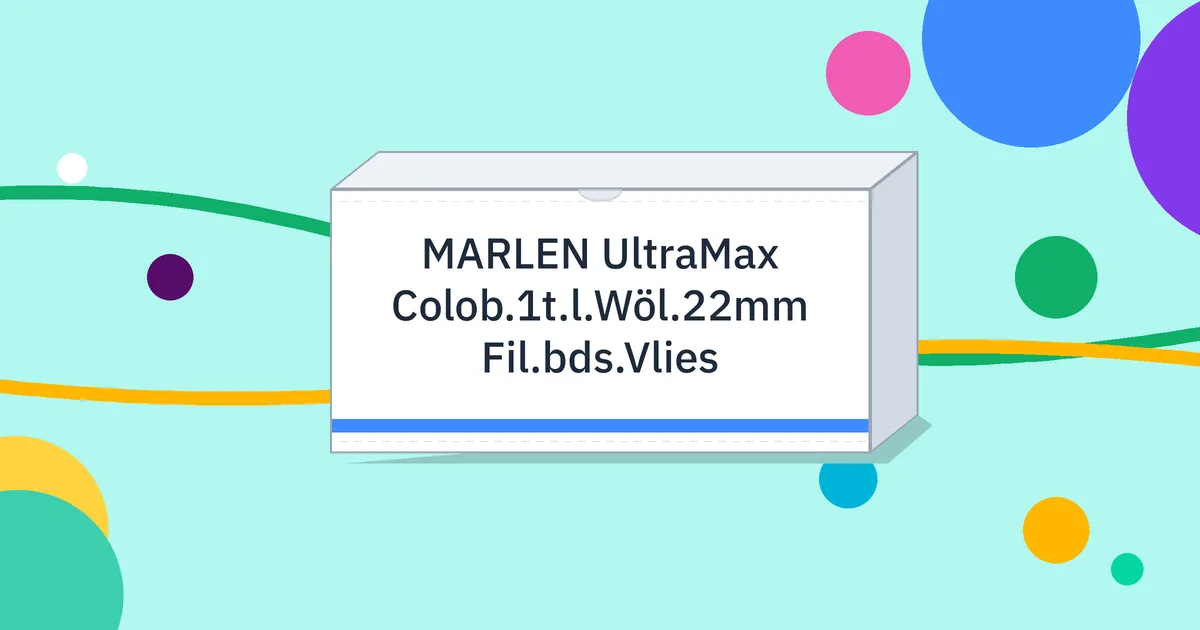 Symbolbild: Packung mit der Aufschrift MARLEN UltraMax Colob.1t.l.Wöl.22mm Fil.bds.Vlies (PZN 05354501) – Verfügbarkeit und Bezug in Apotheken in Frankfurt am Main