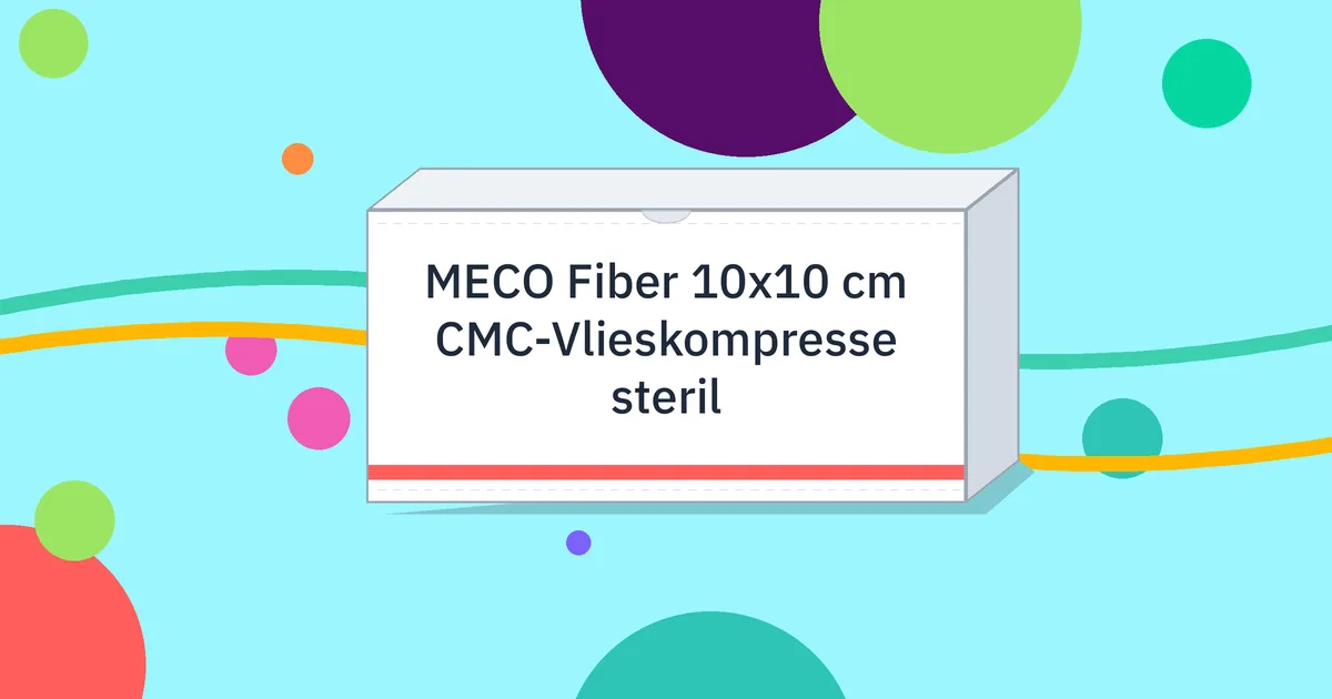 Symbolbild: Packung mit der Aufschrift MECO Fiber 10x10 cm CMC-Vlieskompresse steril (PZN 20084826) – Verfügbarkeit und Bezug in Apotheken in Frankfurt am Main