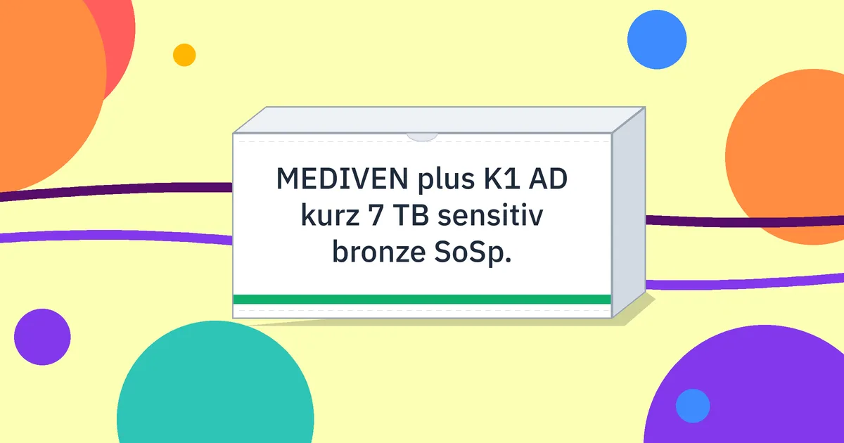 Symbolbild: Packung mit der Aufschrift MEDIVEN plus K1 AD kurz 7 TB sensitiv bronze SoSp. (PZN 15054065) – Verfügbarkeit und Bezug in Apotheken in Frankfurt am Main