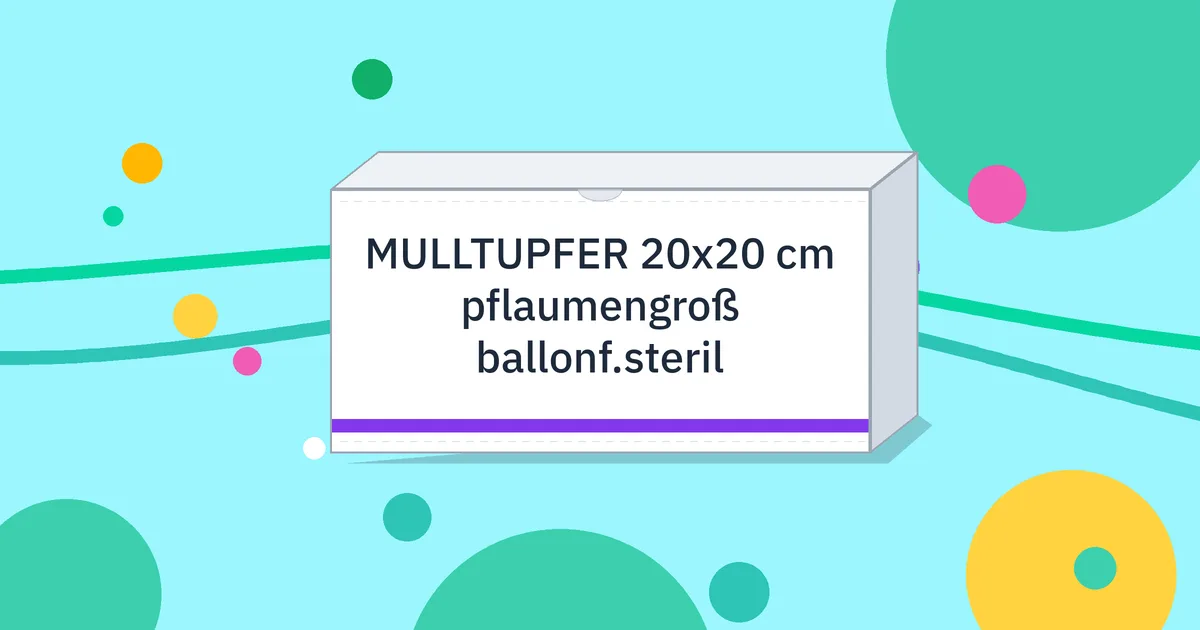 Symbolbild: Packung mit der Aufschrift MULLTUPFER 20x20 cm pflaumengroß ballonf.steril (PZN 00261634) – Verfügbarkeit und Bezug in Apotheken in Frankfurt am Main