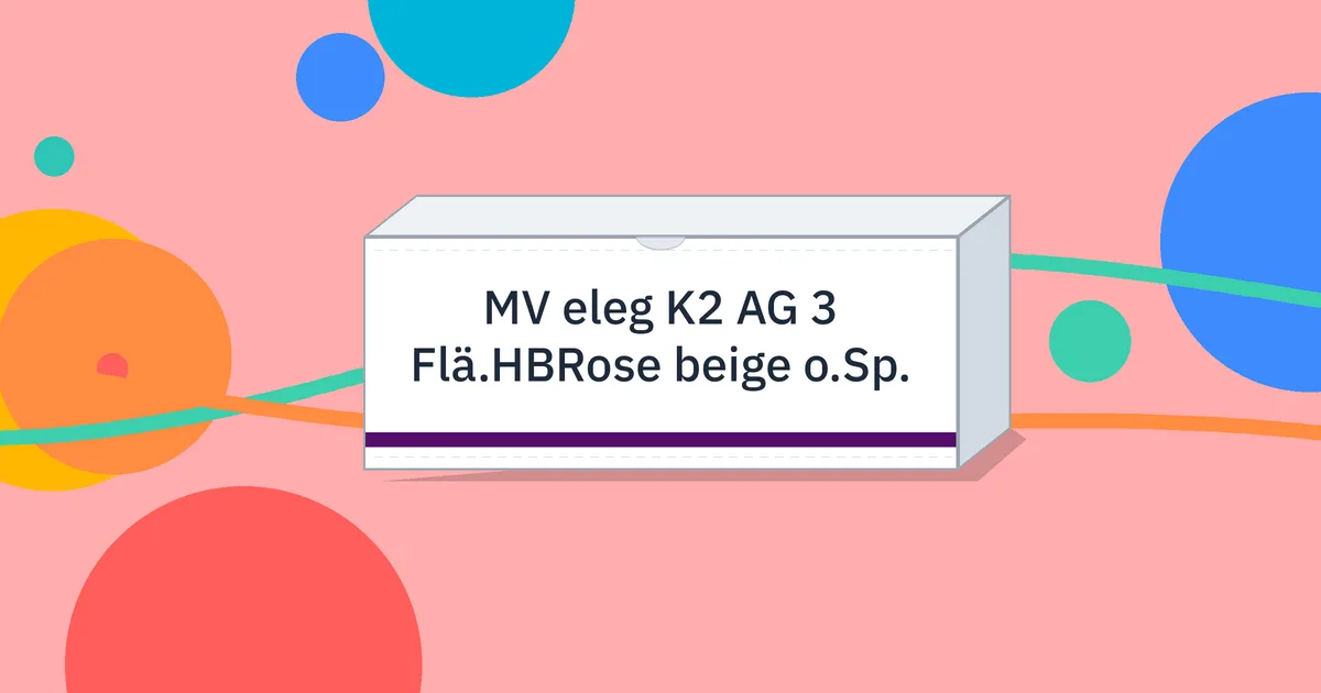 Symbolbild: Packung mit der Aufschrift MV eleg K2 AG 3 Flä.HBRose beige o.Sp. (PZN 15718559) – Verfügbarkeit und Bezug in Apotheken in Frankfurt am Main