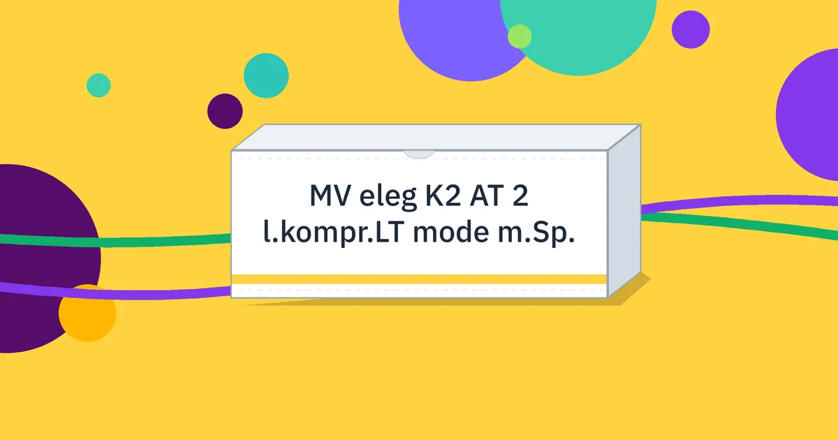 Symbolbild: Packung mit der Aufschrift MV eleg K2 AT 2 l.kompr.LT mode m.Sp. (PZN 06189518) – Verfügbarkeit und Bezug in Apotheken in Frankfurt am Main
