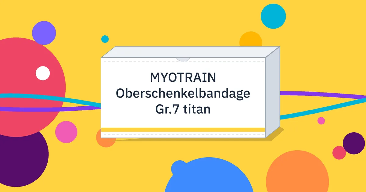 Symbolbild: Packung mit der Aufschrift MYOTRAIN Oberschenkelbandage Gr.7 titan (PZN 03728742) – Verfügbarkeit und Bezug in Apotheken in Frankfurt am Main
