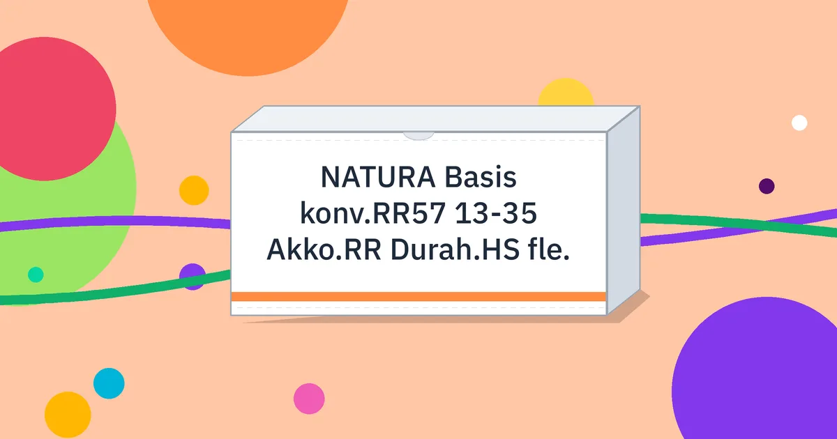 Symbolbild: Packung mit der Aufschrift NATURA Basis konv.RR57 13-35 Akko.RR Durah.HS fle. (PZN 12202826) – Verfügbarkeit und Bezug in Apotheken in Frankfurt am Main