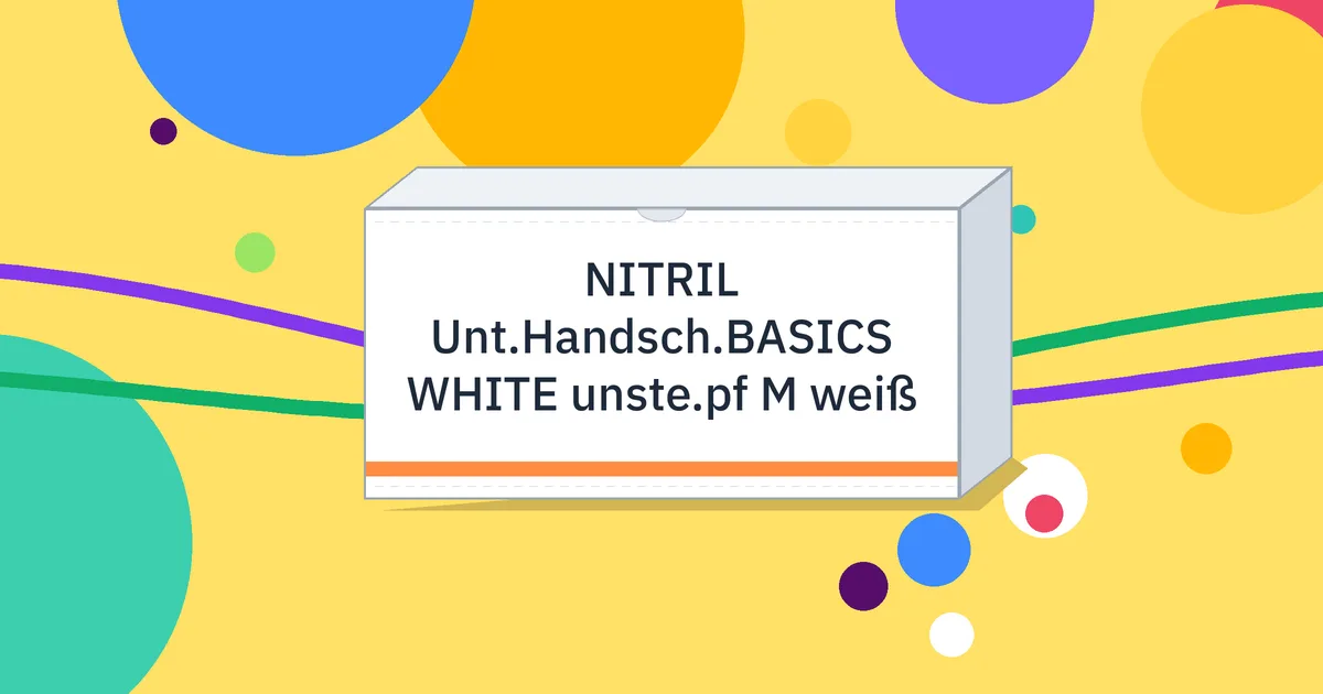 Symbolbild: Packung mit der Aufschrift NITRIL Unt.Handsch.BASICS WHITE unste.pf M weiß (PZN 12573126) – Verfügbarkeit und Bezug in Apotheken in Frankfurt am Main