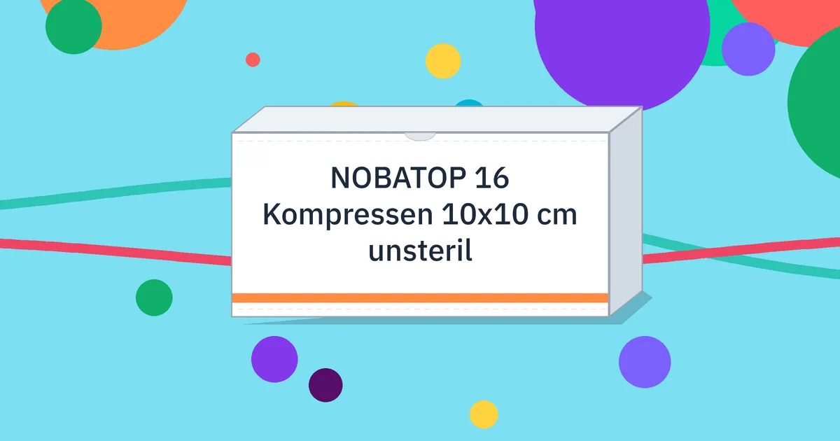 Symbolbild: Packung mit der Aufschrift NOBATOP 16 Kompressen 10x10 cm unsteril (PZN 07099450) – Verfügbarkeit und Bezug in Apotheken in Frankfurt am Main