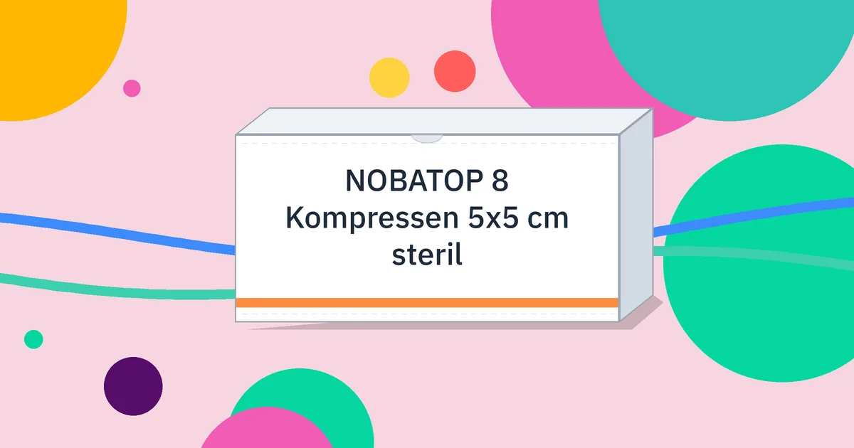 Symbolbild: Packung mit der Aufschrift NOBATOP 8 Kompressen 5x5 cm steril (PZN 07385612) – Verfügbarkeit und Bezug in Apotheken in Frankfurt am Main