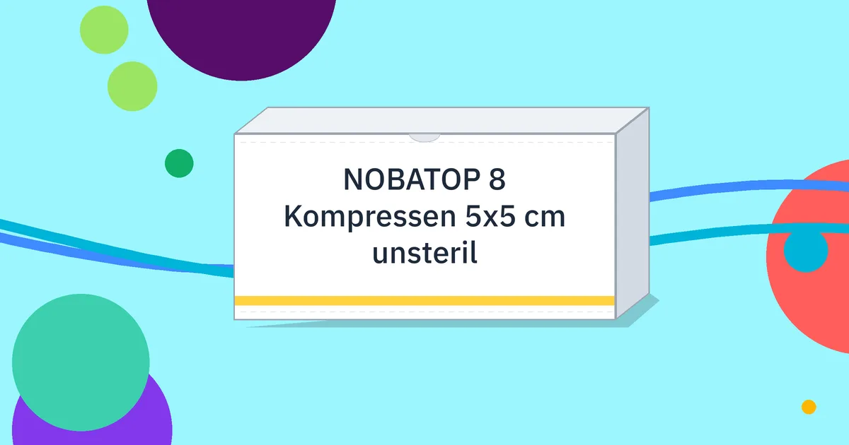 Symbolbild: Packung mit der Aufschrift NOBATOP 8 Kompressen 5x5 cm unsteril (PZN 07099154) – Verfügbarkeit und Bezug in Apotheken in Frankfurt am Main