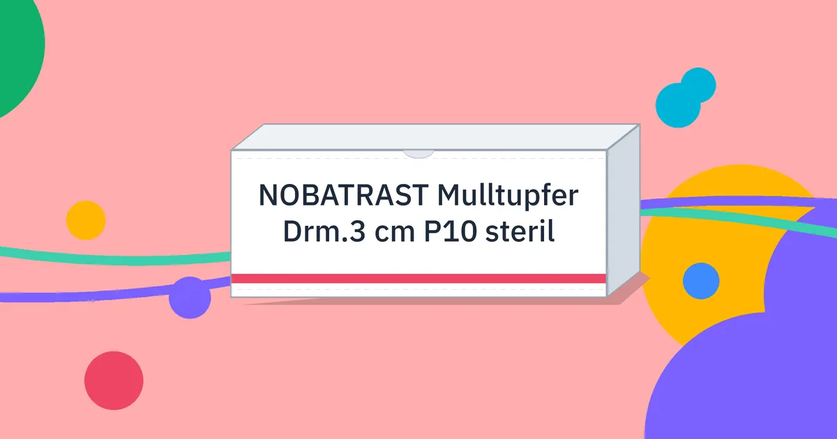 Symbolbild: Packung mit der Aufschrift NOBATRAST Mulltupfer Drm.3 cm P10 steril (PZN 16945719) – Verfügbarkeit und Bezug in Apotheken in Frankfurt am Main