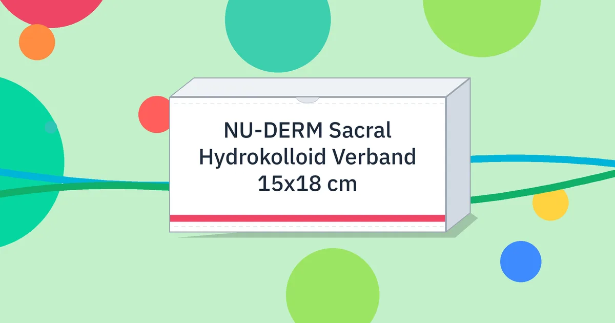 Symbolbild: Packung mit der Aufschrift NU-DERM Sacral Hydrokolloid Verband 15x18 cm (PZN 04739914) – Verfügbarkeit und Bezug in Apotheken in Frankfurt am Main