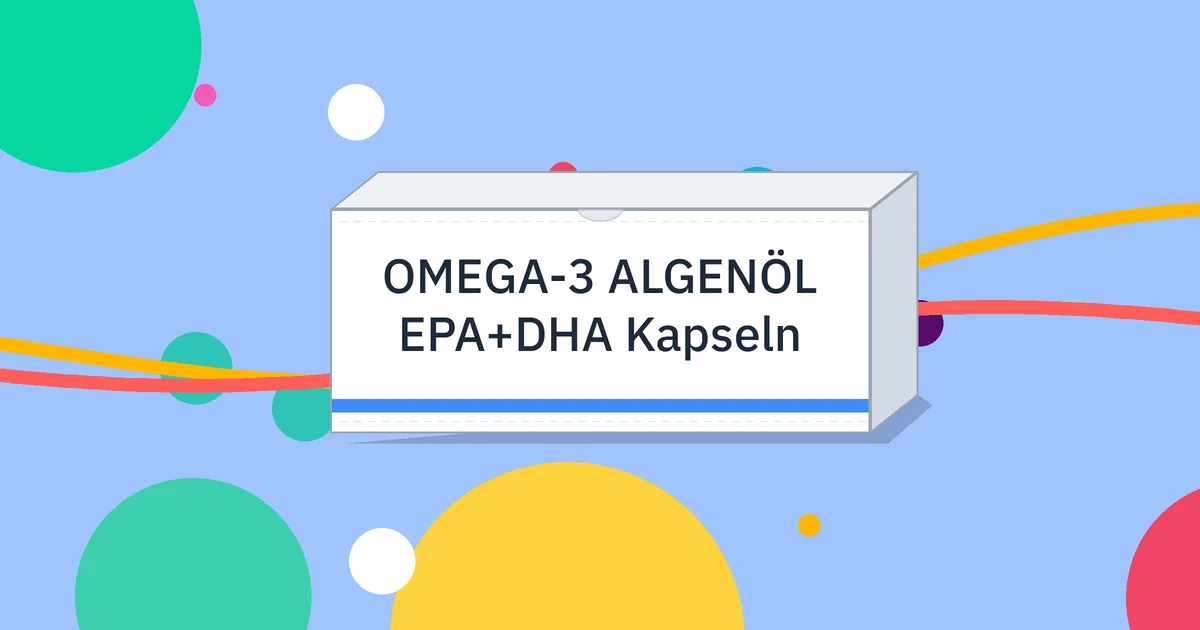Symbolbild: Packung mit der Aufschrift OMEGA-3 ALGENÖL EPA+DHA Kapseln (PZN 18449798) – Verfügbarkeit und Bezug in Apotheken in Frankfurt am Main
