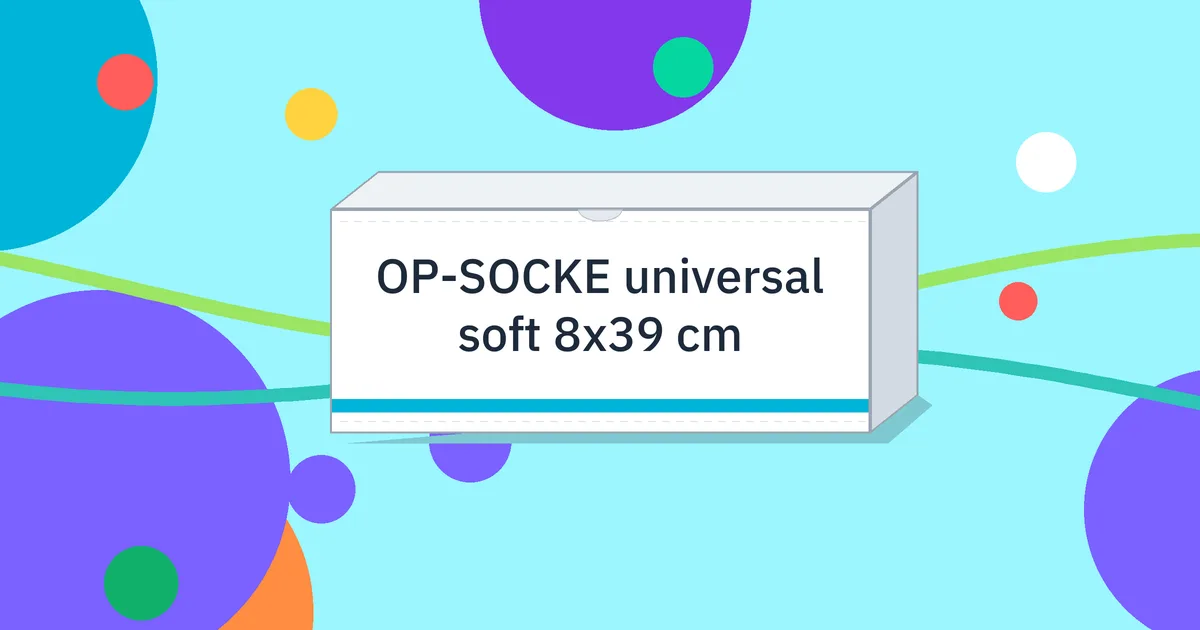 Symbolbild: Packung mit der Aufschrift OP-SOCKE universal soft 8x39 cm (PZN 12671805) – Verfügbarkeit und Bezug in Apotheken in Frankfurt am Main