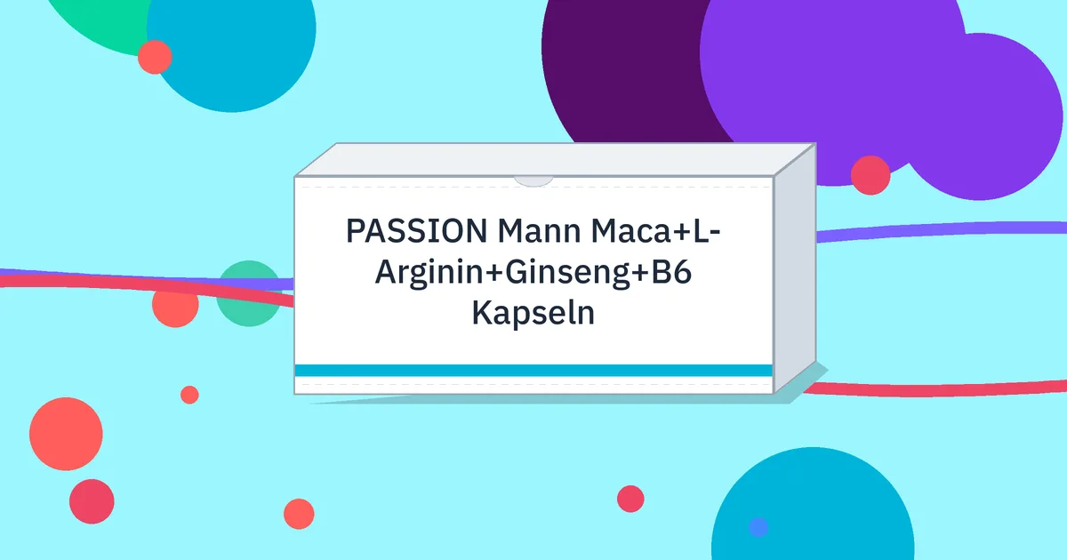 Symbolbild: Packung mit der Aufschrift PASSION Mann Maca+L-Arginin+Ginseng+B6 Kapseln (PZN 20298757) – Verfügbarkeit und Bezug in Apotheken in Frankfurt am Main