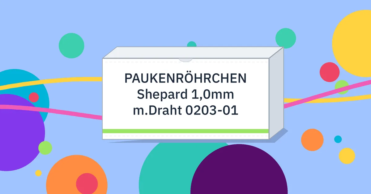 Symbolbild: Packung mit der Aufschrift PAUKENRÖHRCHEN Shepard 1,0mm m.Draht 0203-01 (PZN 00184342) – Verfügbarkeit und Bezug in Apotheken in Frankfurt am Main