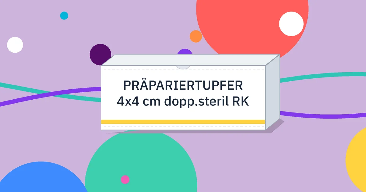 Symbolbild: Packung mit der Aufschrift PRÄPARIERTUPFER 4x4 cm dopp.steril RK (PZN 13585373) – Verfügbarkeit und Bezug in Apotheken in Frankfurt am Main