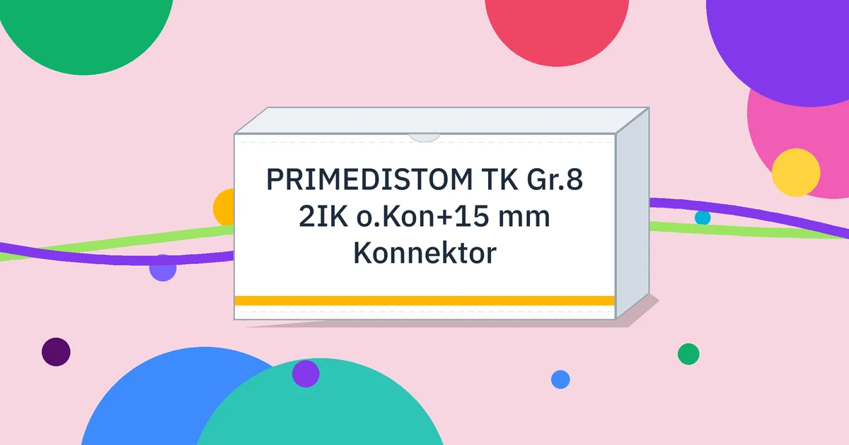Symbolbild: Packung mit der Aufschrift PRIMEDISTOM TK Gr.8 2IK o.Kon+15 mm Konnektor (PZN 10229577) – Verfügbarkeit und Bezug in Apotheken in Frankfurt am Main