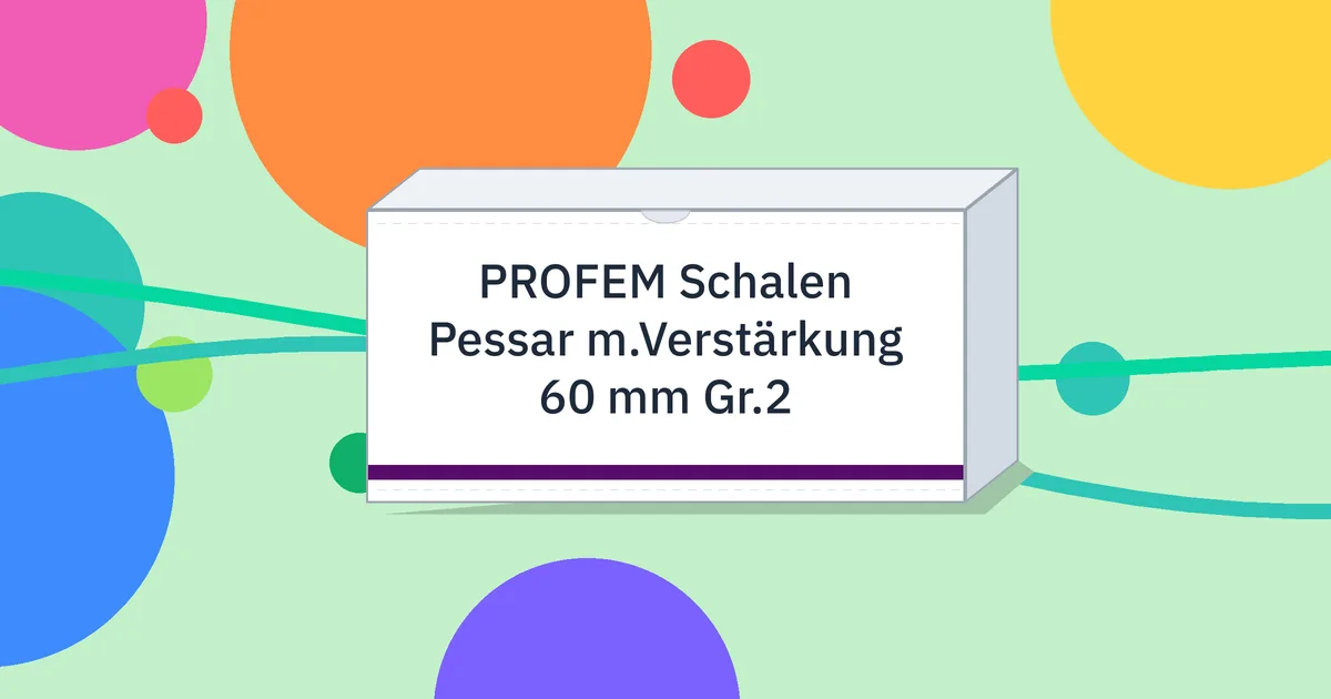 Symbolbild: Packung mit der Aufschrift PROFEM Schalen Pessar m.Verstärkung 60 mm Gr.2 (PZN 11673216) – Verfügbarkeit und Bezug in Apotheken in Frankfurt am Main