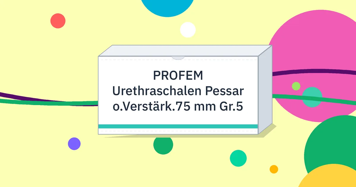 Symbolbild: Packung mit der Aufschrift PROFEM Urethraschalen Pessar o.Verstärk.75 mm Gr.5 (PZN 11672688) – Verfügbarkeit und Bezug in Apotheken in Frankfurt am Main