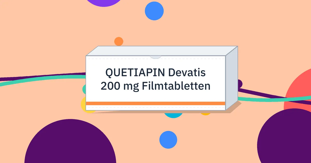 Symbolbild: Packung mit der Aufschrift QUETIAPIN Devatis 200 mg Filmtabletten (PZN 11484082) – Verfügbarkeit und Bezug in Apotheken in Frankfurt am Main