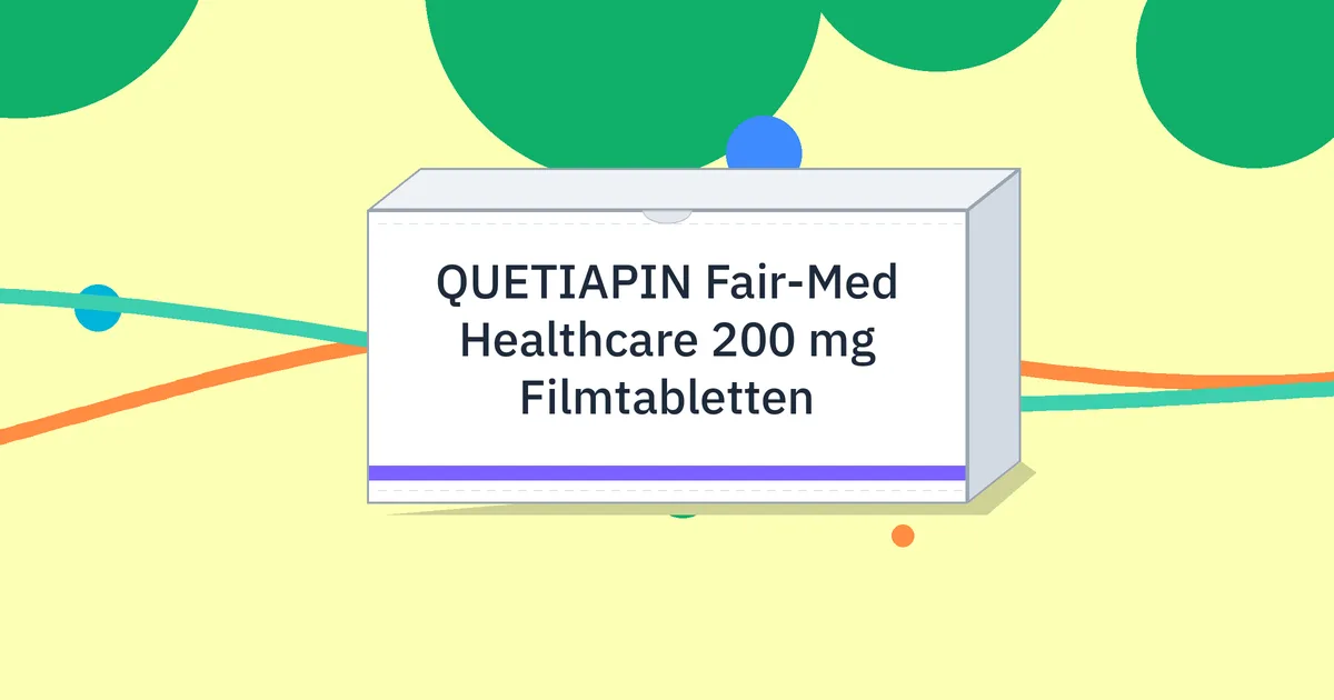 Symbolbild: Packung mit der Aufschrift QUETIAPIN Fair-Med Healthcare 200 mg Filmtabletten (PZN 12494562) – Verfügbarkeit und Bezug in Apotheken in Frankfurt am Main