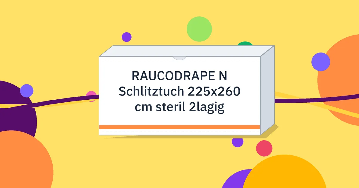 Symbolbild: Packung mit der Aufschrift RAUCODRAPE N Schlitztuch 225x260 cm steril 2lagig (PZN 06680421) – Verfügbarkeit und Bezug in Apotheken in Frankfurt am Main