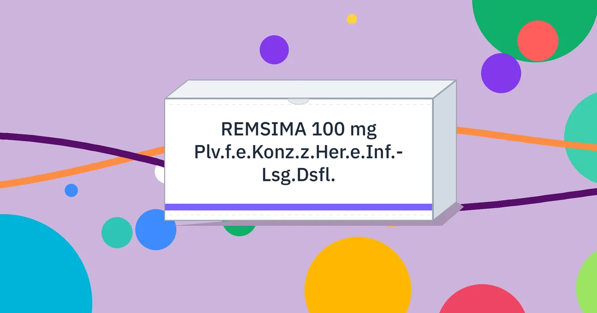 Symbolbild: Packung mit der Aufschrift REMSIMA 100 mg Plv.f.e.Konz.z.Her.e.Inf.-Lsg.Dsfl. (PZN 11532289) – Verfügbarkeit und Bezug in Apotheken in Frankfurt am Main