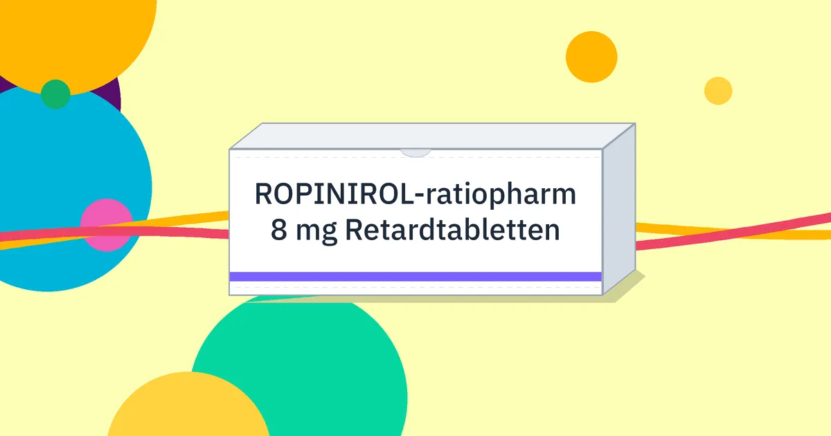 Symbolbild: Packung mit der Aufschrift ROPINIROL-ratiopharm 8 mg Retardtabletten (PZN 07756824) – Verfügbarkeit und Bezug in Apotheken in Frankfurt am Main