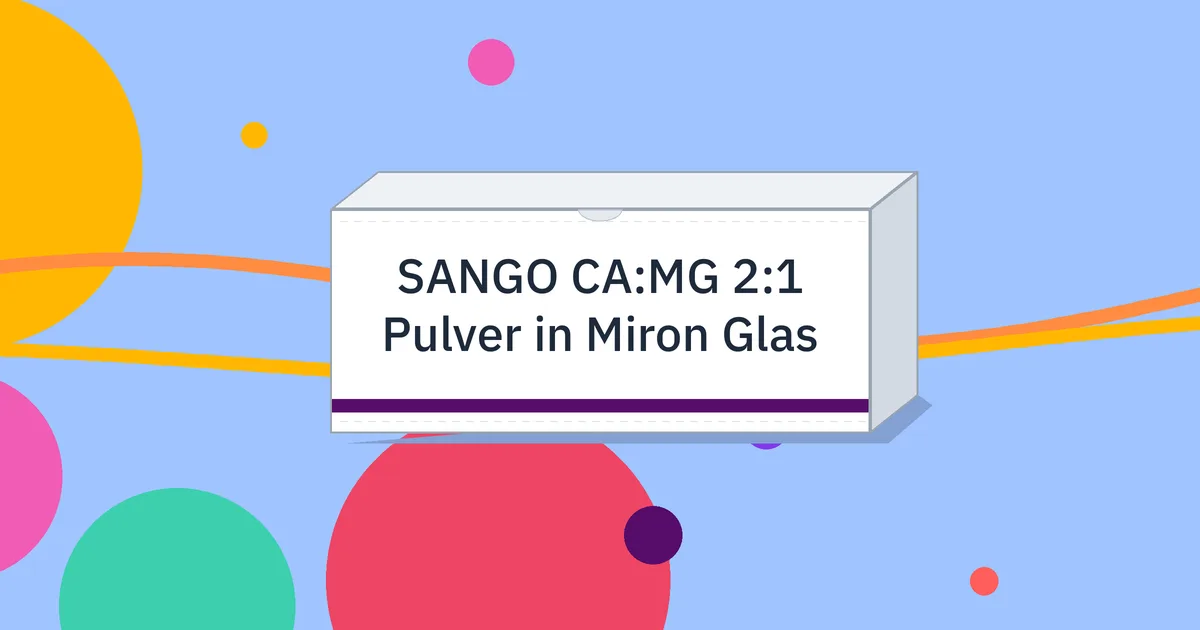 Symbolbild: Packung mit der Aufschrift SANGO CA:MG 2:1 Pulver in Miron Glas (PZN 15738065) – Verfügbarkeit und Bezug in Apotheken in Frankfurt am Main
