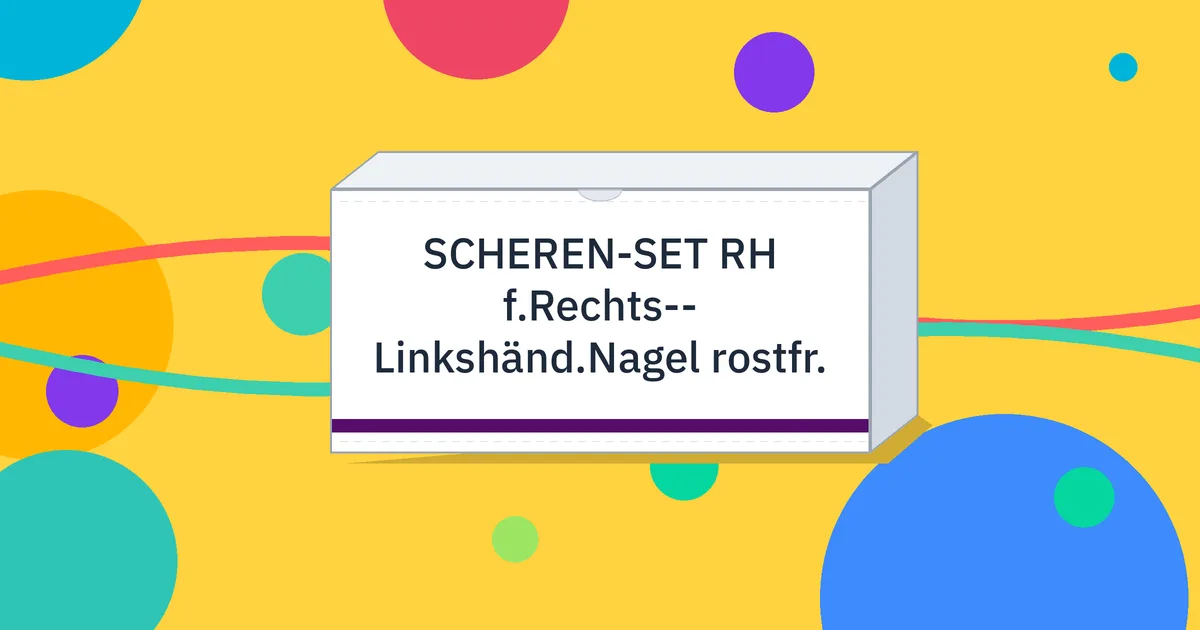 Symbolbild: Packung mit der Aufschrift SCHEREN-SET RH f.Rechts--Linkshänd.Nagel rostfr. (PZN 19073823) – Verfügbarkeit und Bezug in Apotheken in Frankfurt am Main