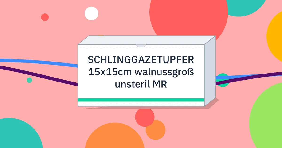 Symbolbild: Packung mit der Aufschrift SCHLINGGAZETUPFER 15x15cm walnussgroß unsteril MR (PZN 09946196) – Verfügbarkeit und Bezug in Apotheken in Frankfurt am Main