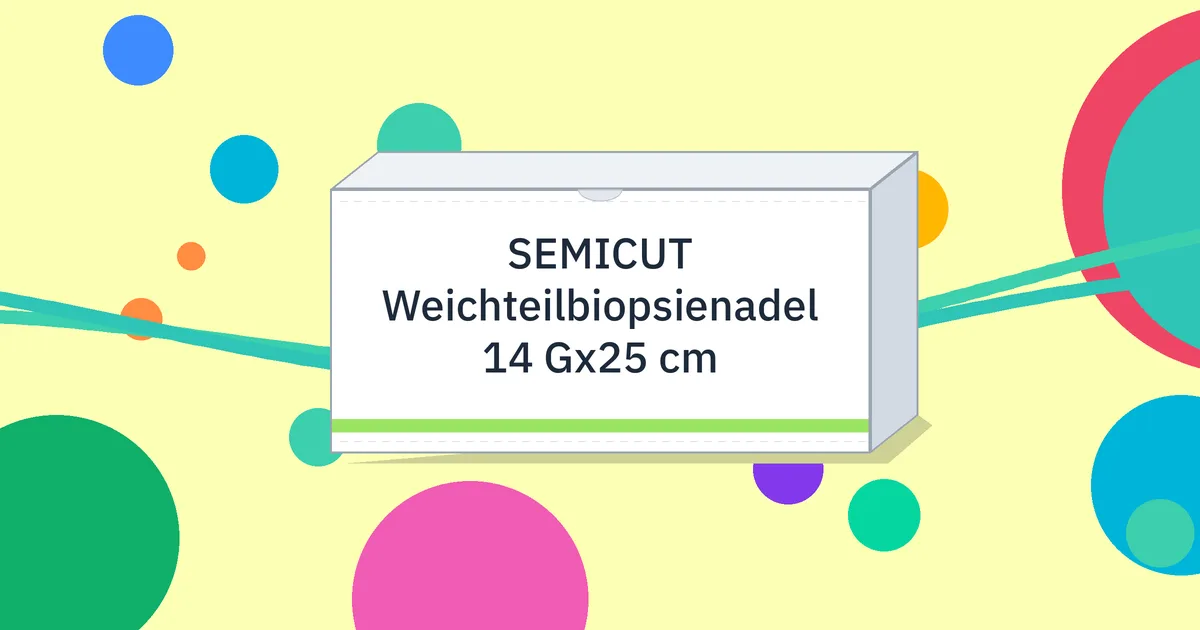 Symbolbild: Packung mit der Aufschrift SEMICUT Weichteilbiopsienadel 14 Gx25 cm (PZN 19735804) – Verfügbarkeit und Bezug in Apotheken in Frankfurt am Main