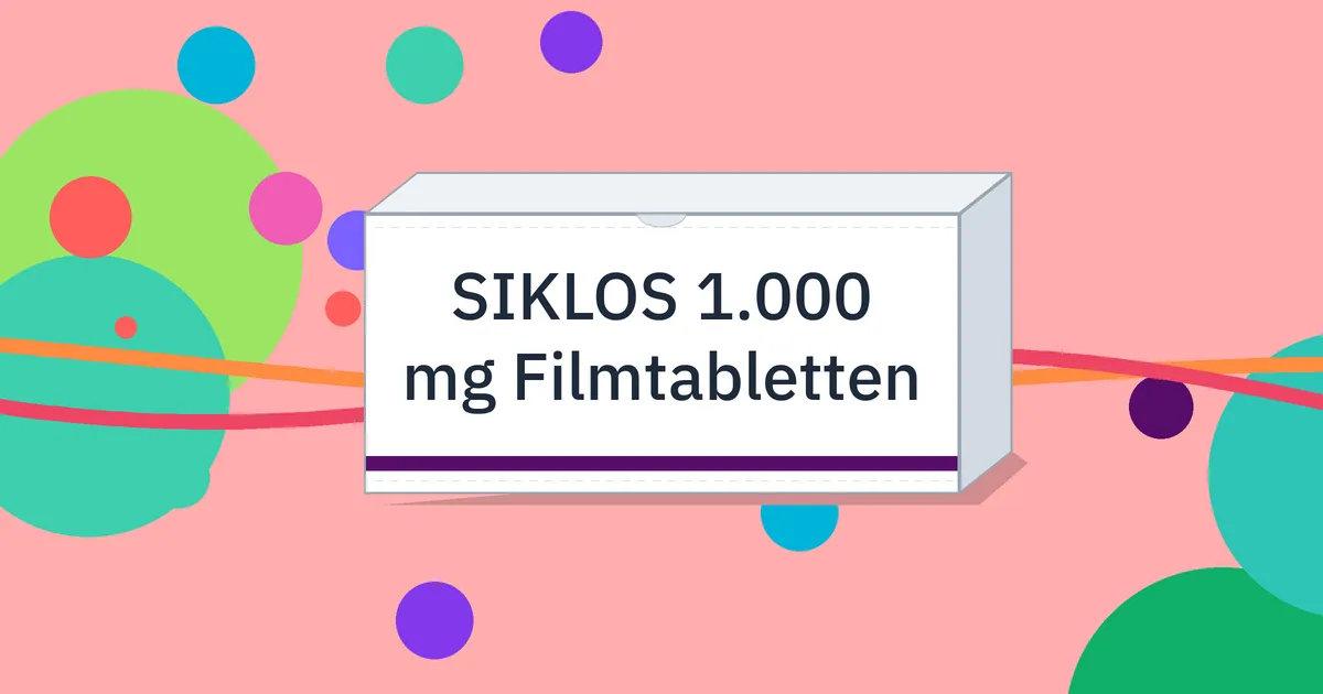 Symbolbild: Packung mit der Aufschrift SIKLOS 1.000 mg Filmtabletten (PZN 10047758) – Verfügbarkeit und Bezug in Apotheken in Frankfurt am Main
