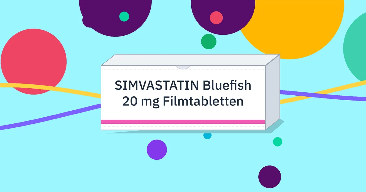Symbolbild: Packung mit der Aufschrift SIMVASTATIN Bluefish 20 mg Filmtabletten (PZN 07276797) – Verfügbarkeit und Bezug in Apotheken in Frankfurt am Main
