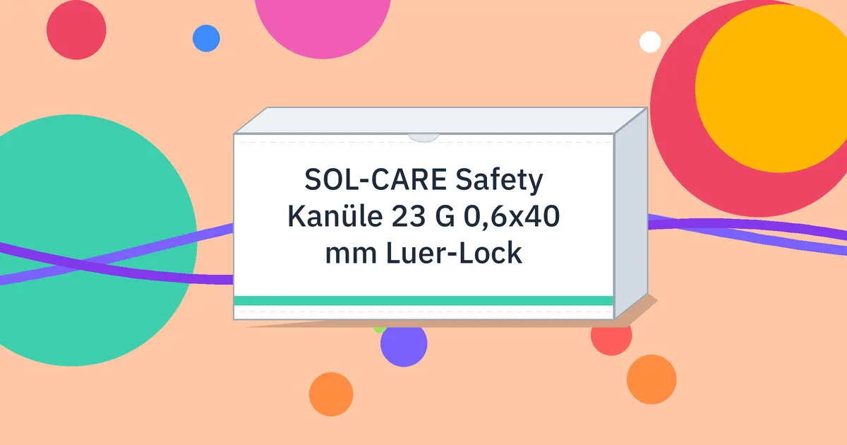 Symbolbild: Packung mit der Aufschrift SOL-CARE Safety Kanüle 23 G 0,6x40 mm Luer-Lock (PZN 17391393) – Verfügbarkeit und Bezug in Apotheken in Frankfurt am Main