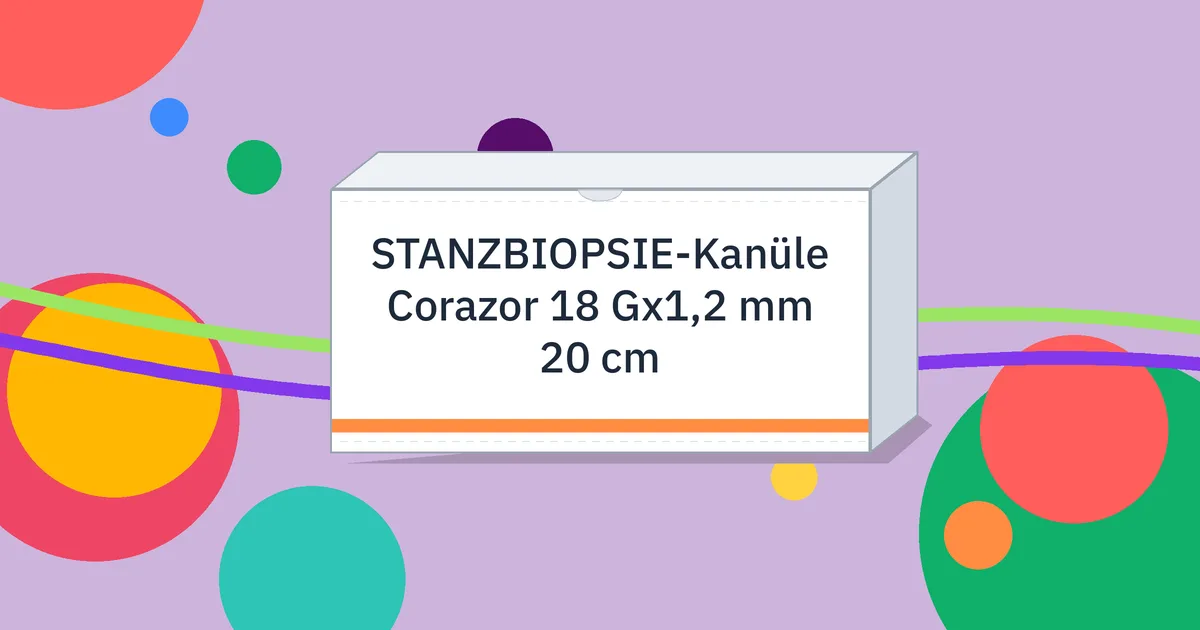 Symbolbild: Packung mit der Aufschrift STANZBIOPSIE-Kanüle Corazor 18 Gx1,2 mm 20 cm (PZN 20096114) – Verfügbarkeit und Bezug in Apotheken in Frankfurt am Main