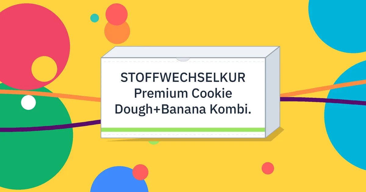 Symbolbild: Packung mit der Aufschrift STOFFWECHSELKUR Premium Cookie Dough+Banana Kombi. (PZN 14044538) – Verfügbarkeit und Bezug in Apotheken in Frankfurt am Main