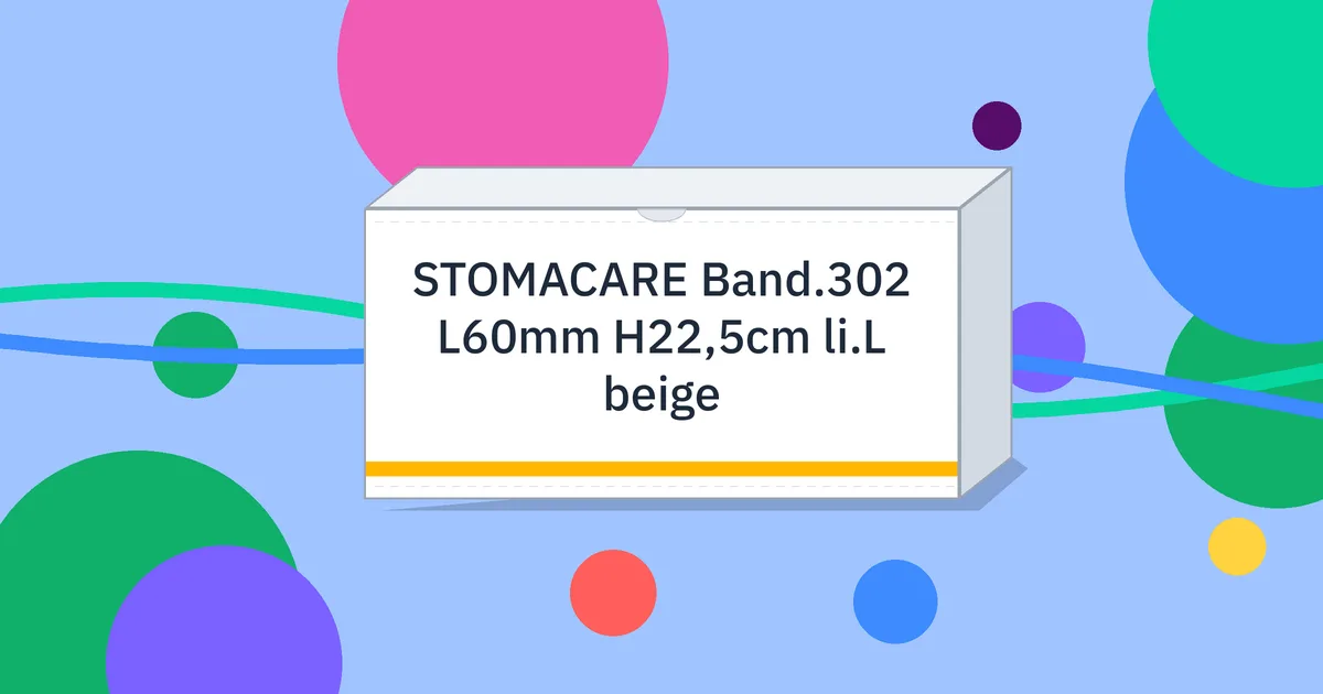 Symbolbild: Packung mit der Aufschrift STOMACARE Band.302 L60mm H22,5cm li.L beige (PZN 10840043) – Verfügbarkeit und Bezug in Apotheken in Frankfurt am Main