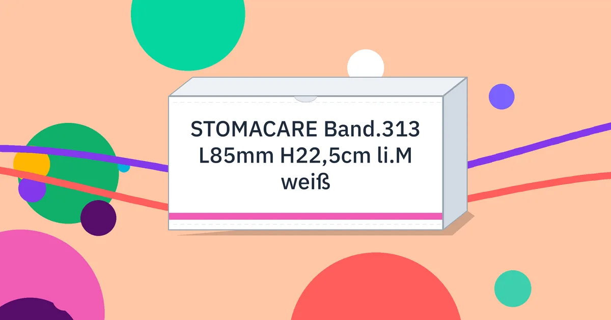 Symbolbild: Packung mit der Aufschrift STOMACARE Band.313 L85mm H22,5cm li.M weiß (PZN 09436851) – Verfügbarkeit und Bezug in Apotheken in Frankfurt am Main