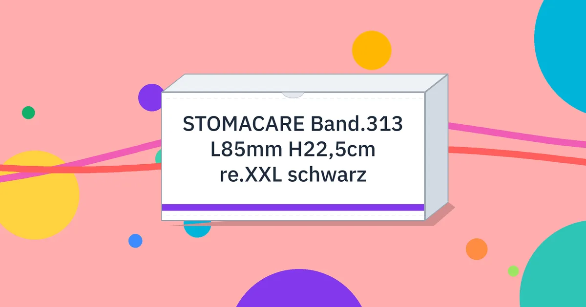 Symbolbild: Packung mit der Aufschrift STOMACARE Band.313 L85mm H22,5cm re.XXL schwarz (PZN 10841663) – Verfügbarkeit und Bezug in Apotheken in Frankfurt am Main