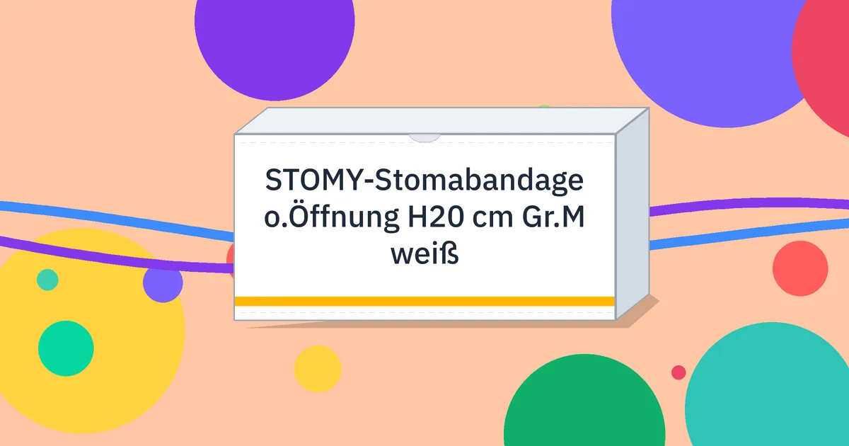 Symbolbild: Packung mit der Aufschrift STOMY-Stomabandage o.Öffnung H20 cm Gr.M weiß (PZN 16751398) – Verfügbarkeit und Bezug in Apotheken in Frankfurt am Main