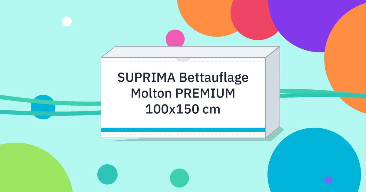 Symbolbild: Packung mit der Aufschrift SUPRIMA Bettauflage Molton PREMIUM 100x150 cm (PZN 09949585) – Verfügbarkeit und Bezug in Apotheken in Frankfurt am Main