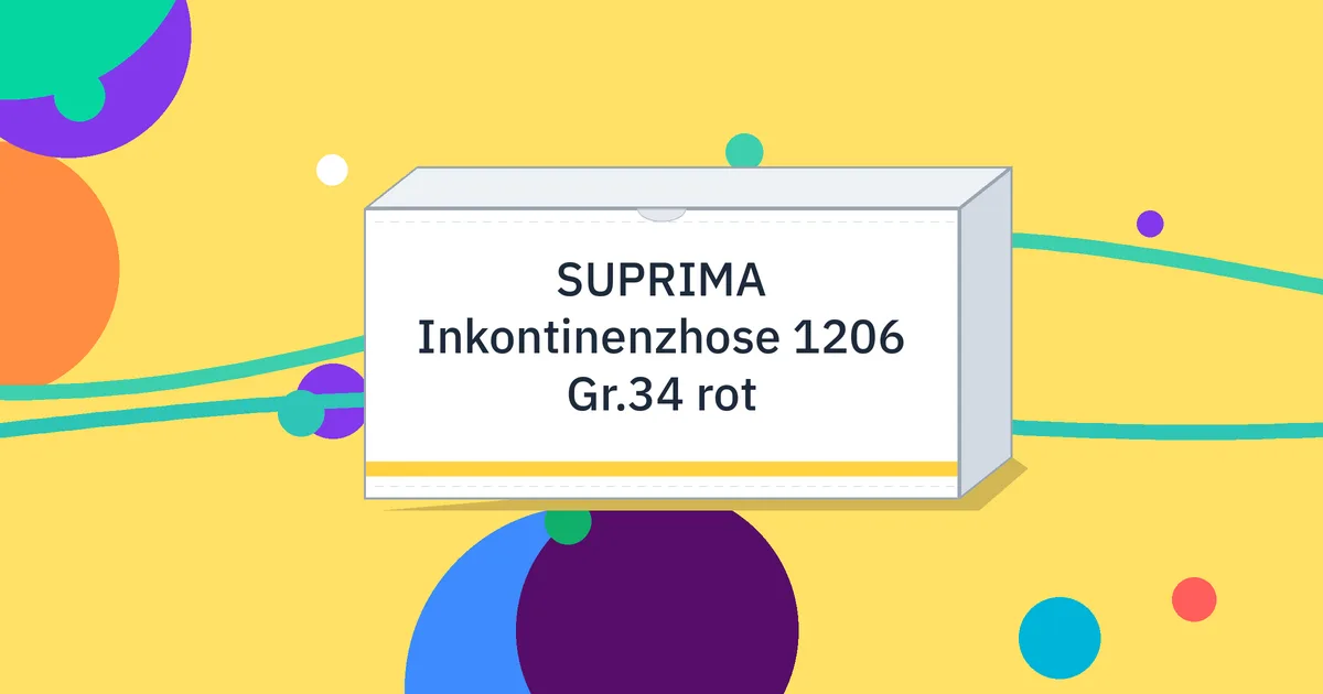 Symbolbild: Packung mit der Aufschrift SUPRIMA Inkontinenzhose 1206 Gr.34 rot (PZN 01513279) – Verfügbarkeit und Bezug in Apotheken in Frankfurt am Main